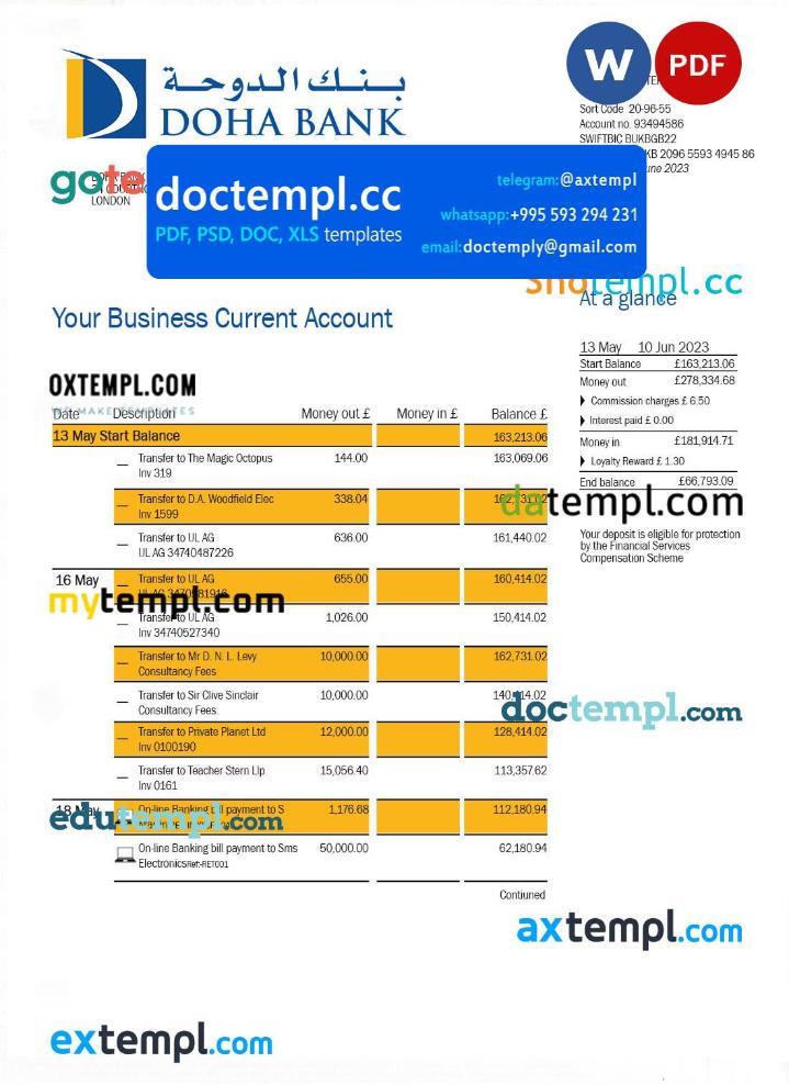 Doha Bank organization checking account statement Word and PDF template