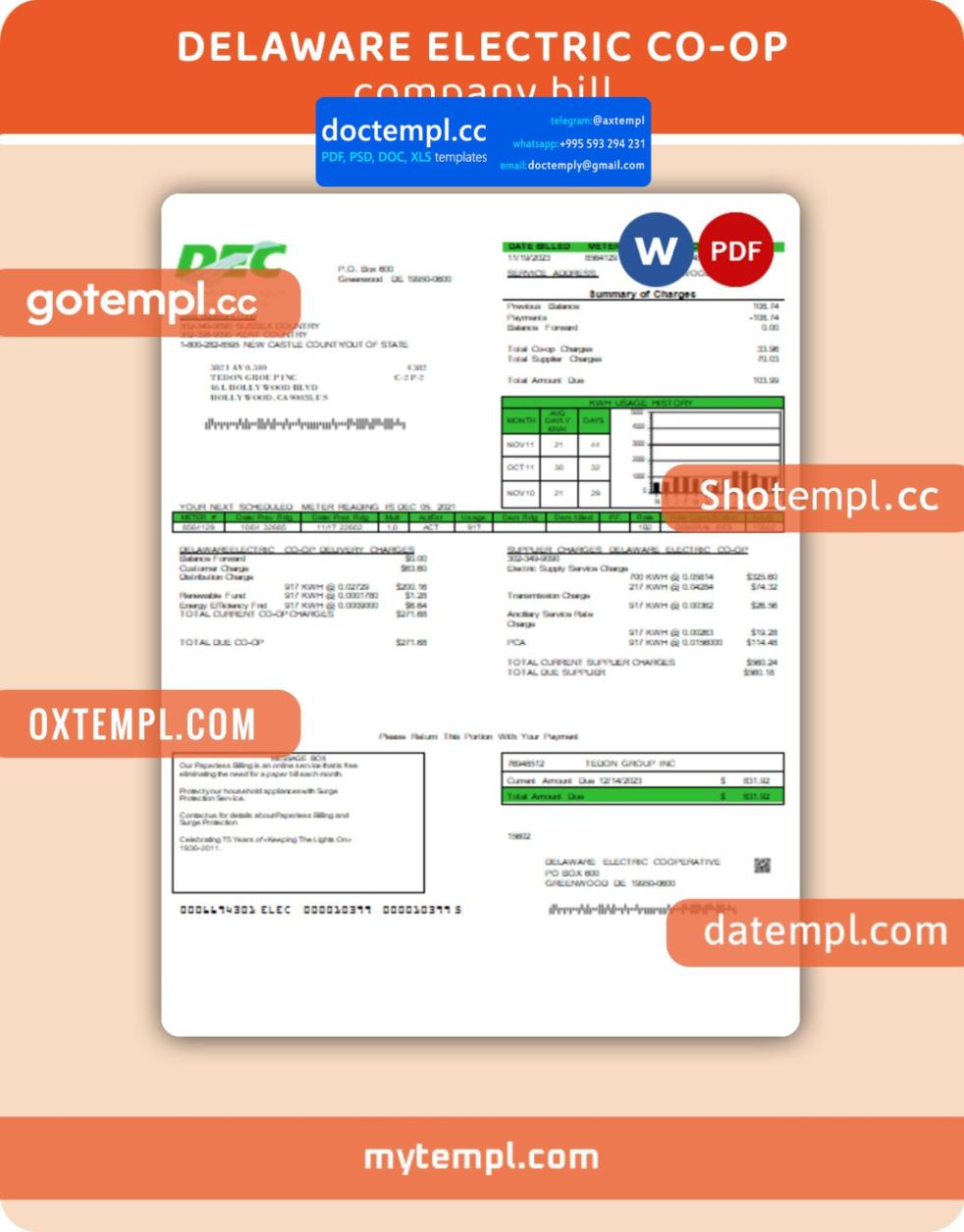 Delaware Electric Co-op utility business bill, Word and PDF template, 4 ...