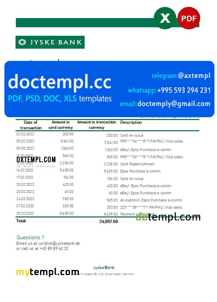Denmark Jyske bank statement Excel and PDF template