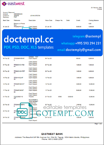 Philippines EastWest bank statement template in Word and PDF format