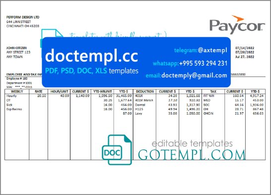 # clean sweep pay stub template in Word and PDF format