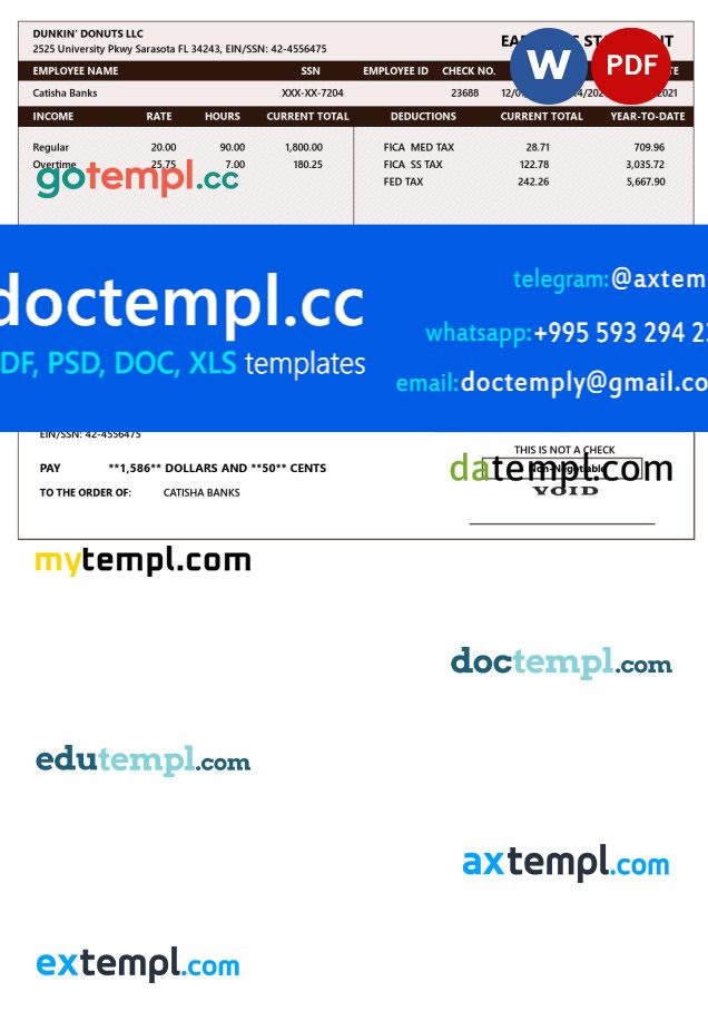 DUNKIN' DONUTS LLC earnings statement Word and PDF template