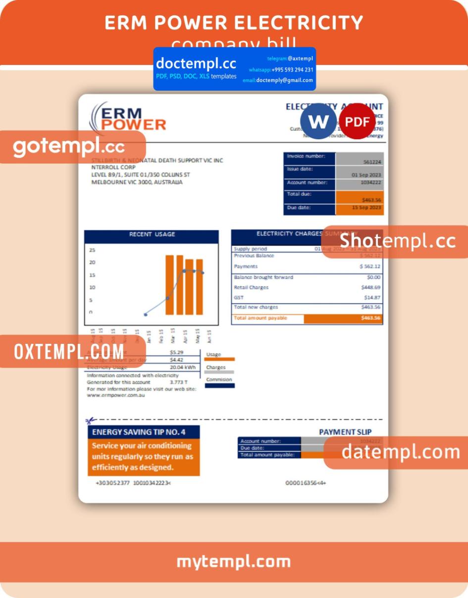 ERM Power electricity proof of address utility business bill, Word and PDF template, 4 pages ...