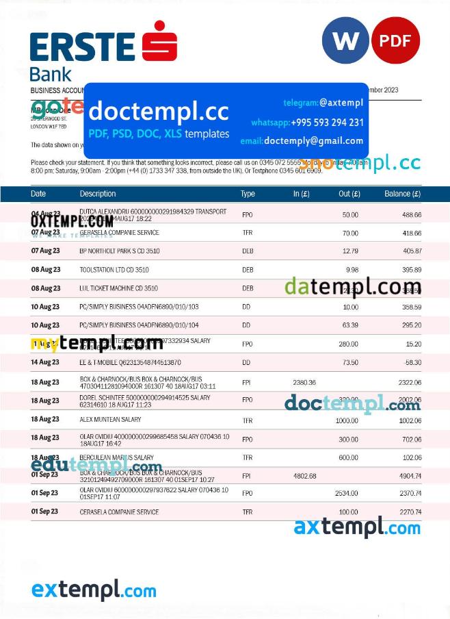 Erste Bank firm checking account statement Word and PDF template