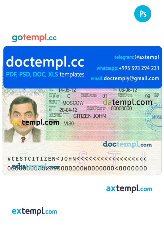 Estonia schengen visa PSD template, with fonts