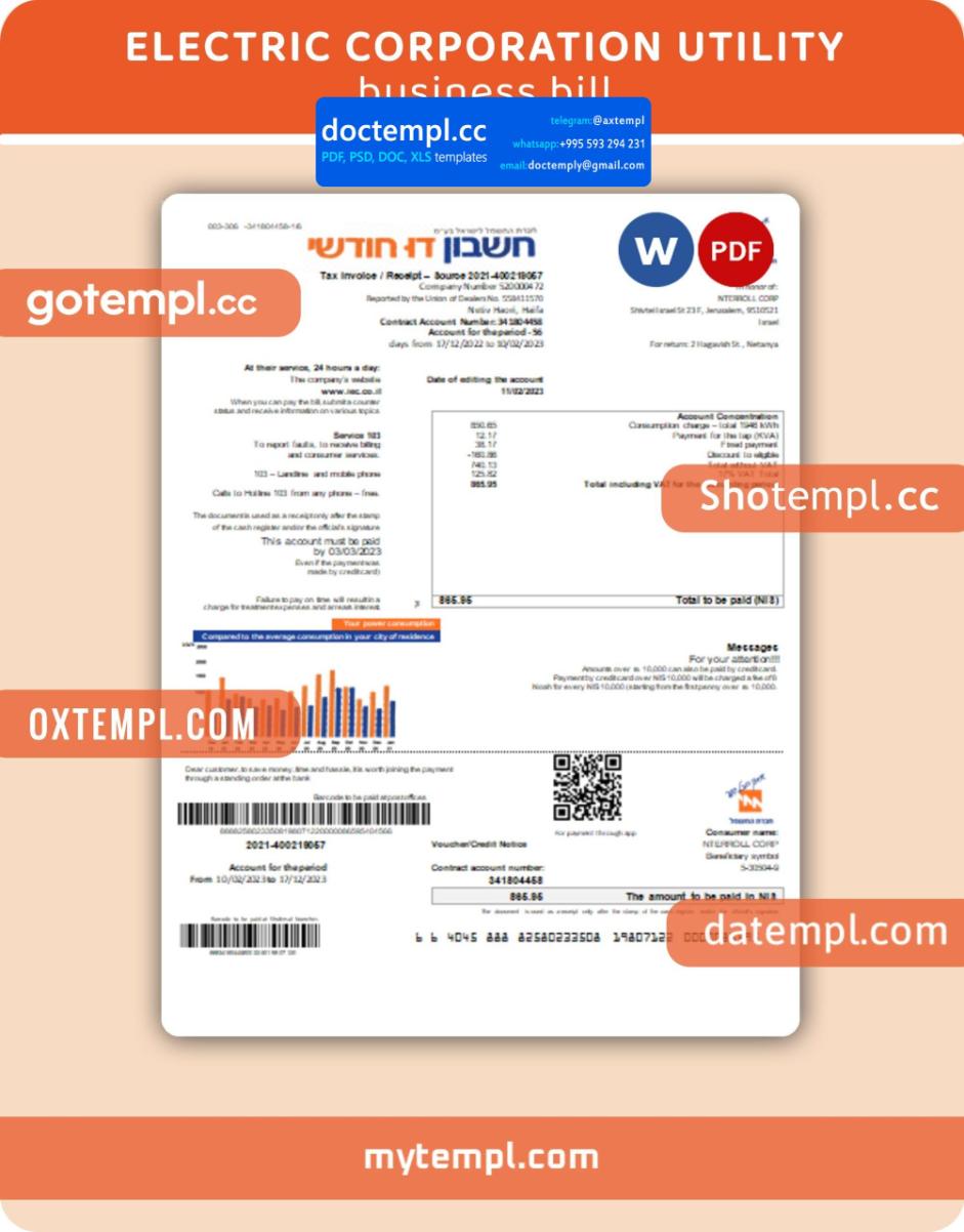 Electric Corporation utility business bill, Word and PDF template, 4 ...