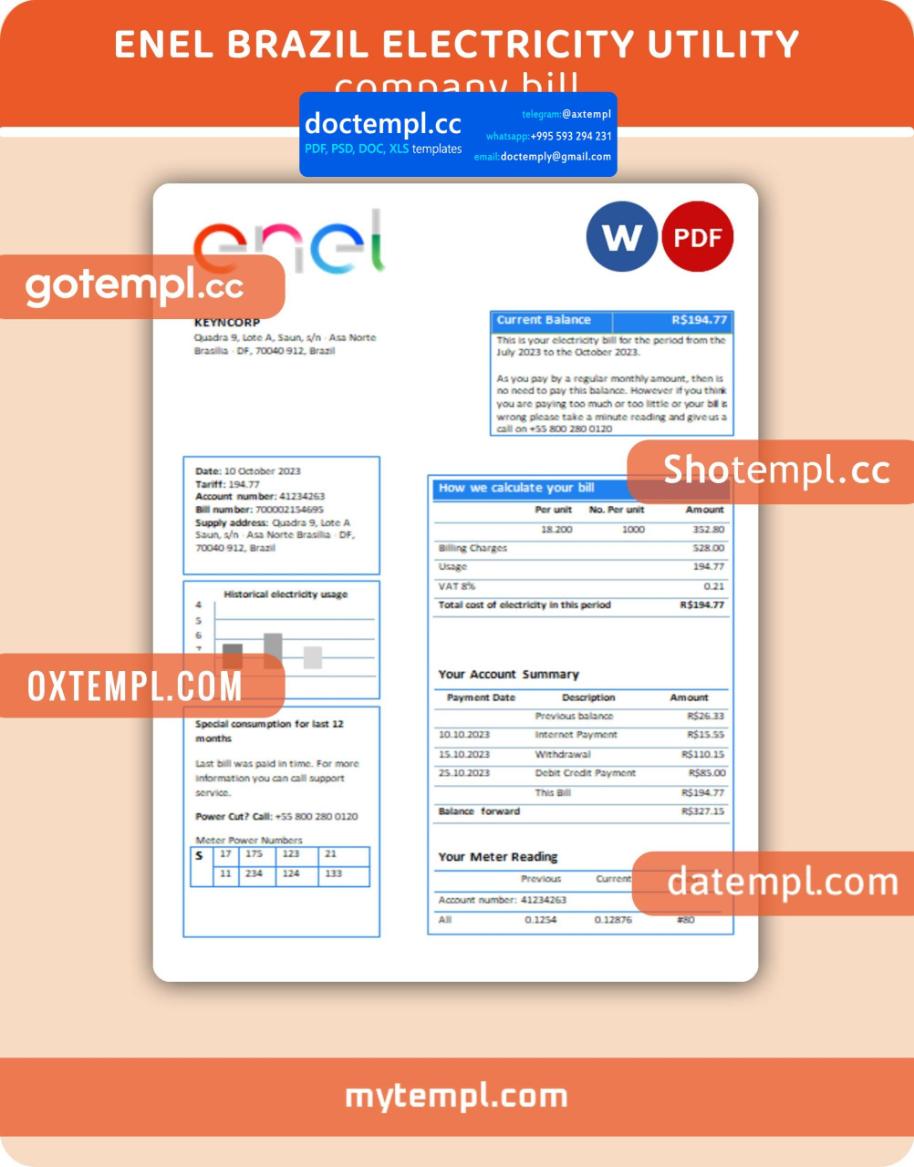 Enel Brazil electricity business utility bill, Word and PDF template, 2 ...