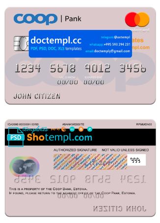 Estonia Coop bank mastercard fully editable template in PSD format