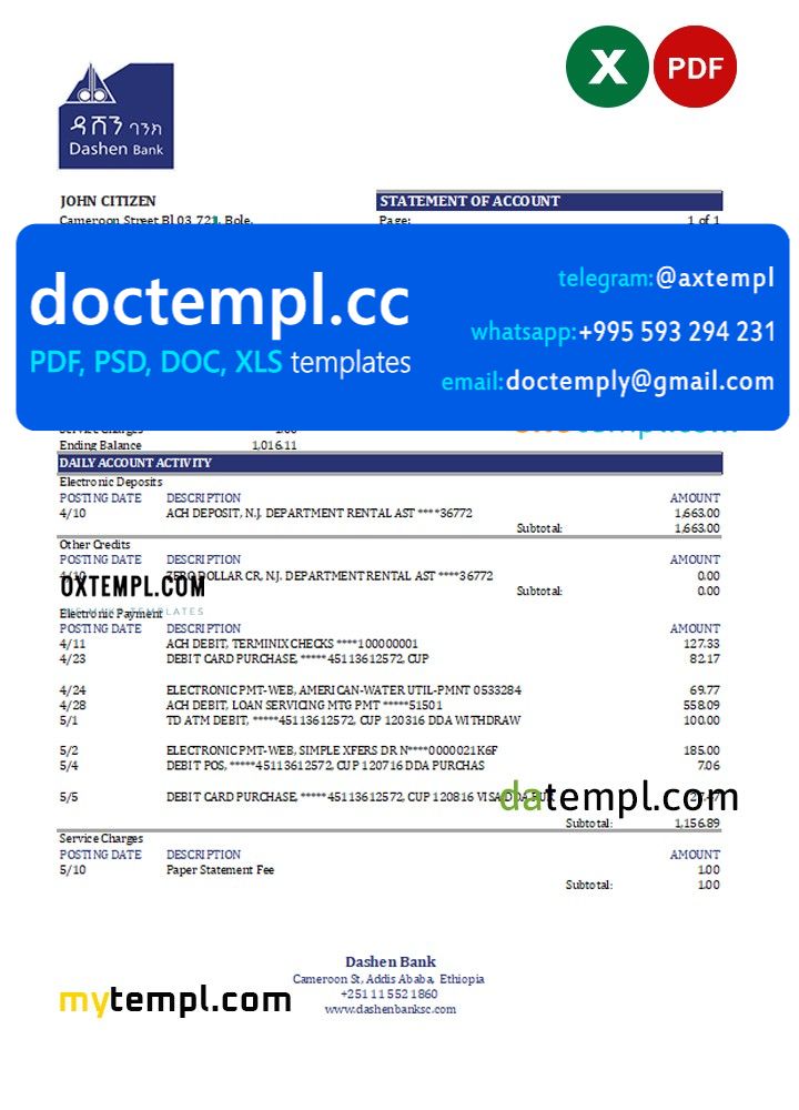 Ethiopia Dashen Bank statement Excel and PDF template