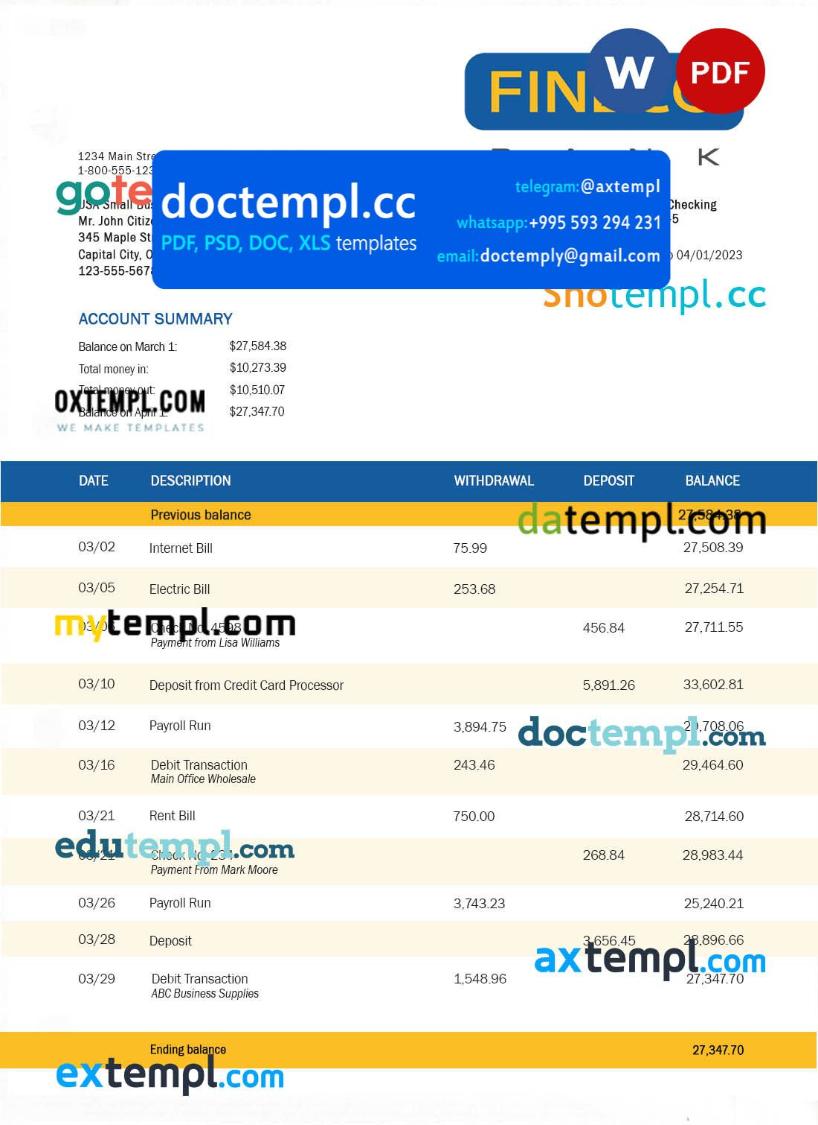 Finecobank company account statement Word and PDF template