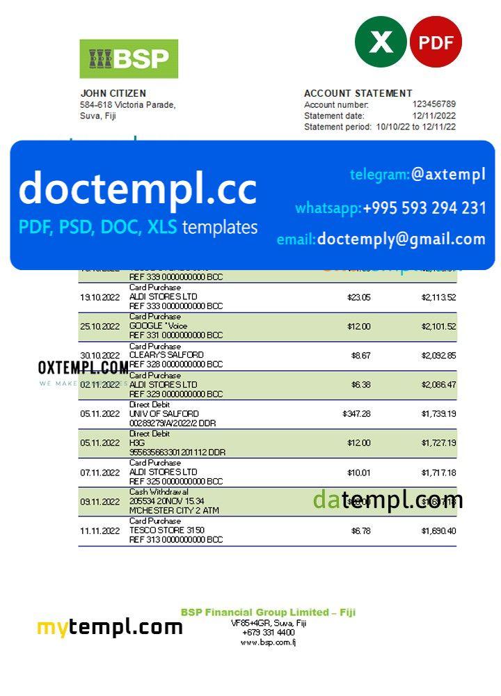 Fiji Bank of South Pacific bank statement Excel and PDF template