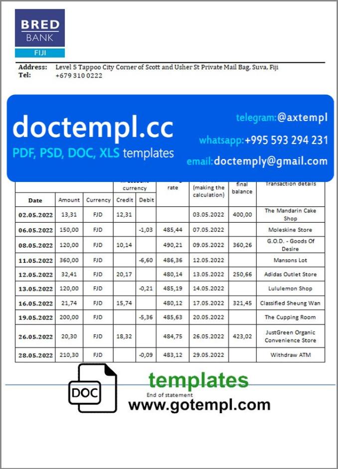 Fiji Bred bank statement template in Word and PDF format