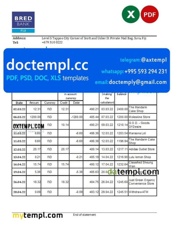 Fiji Bred bank statement Excel and PDF template
