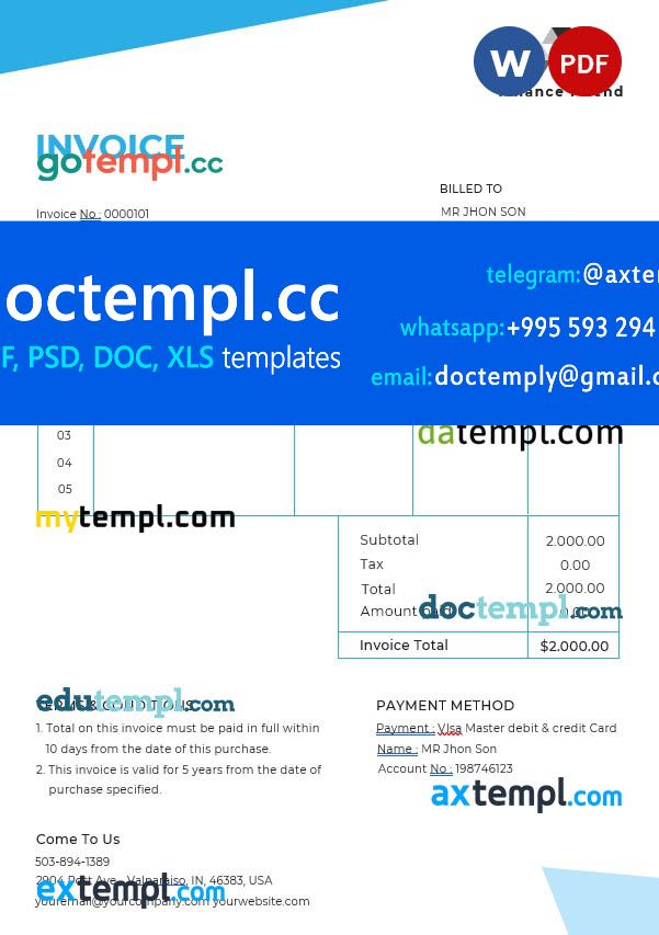 Finance Consultant Invoice template in word and pdf format