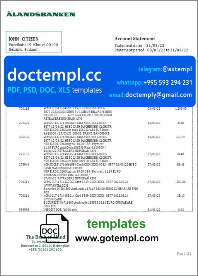 Finland Aland Bank statement template in Word and PDF format
