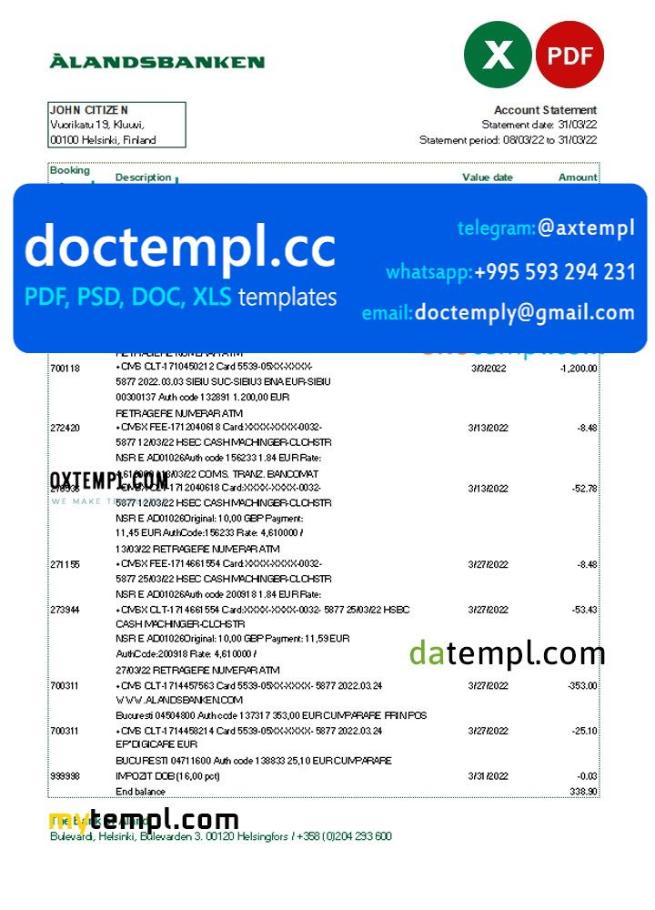 Finland Aland bank statement Excel and PDF template – doctempl.cc