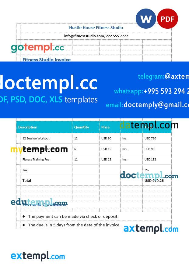 Fitness Studio Invoice template in word and pdf format