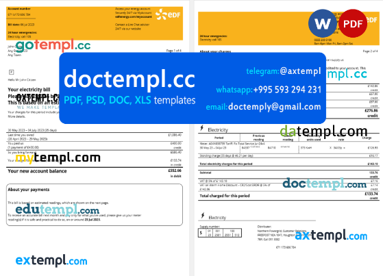 France EDF Energy utility bill Word and PDF template, 4 pages