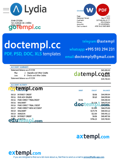 France Lydia Noir bank card statement Word and PDF template