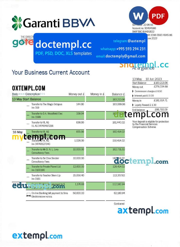 Garanti BBVA Bank enterprise statement Word and PDF template