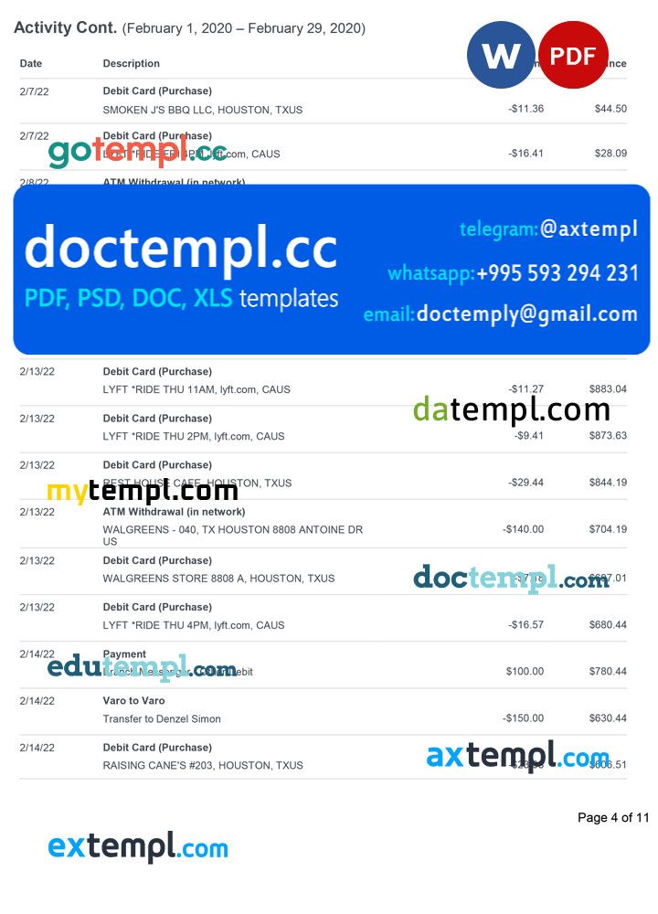 USA Varo bank statement Word and PDF template, 11 pages