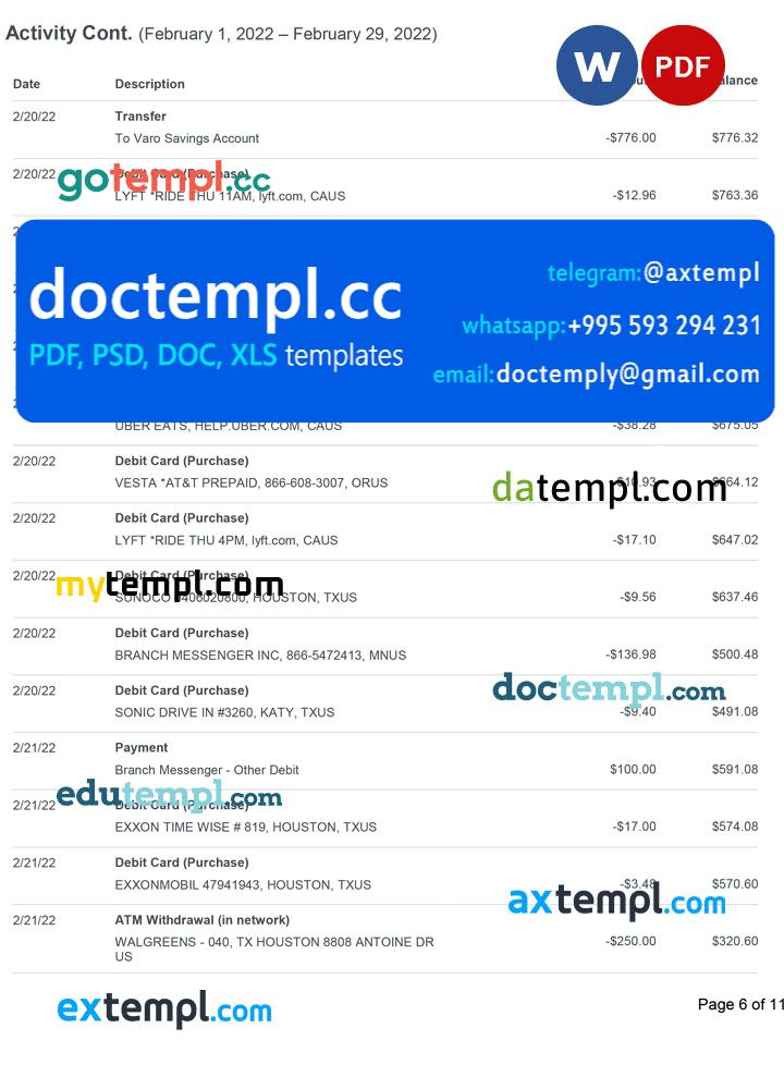 USA Varo bank statement Word and PDF template, 11 pages