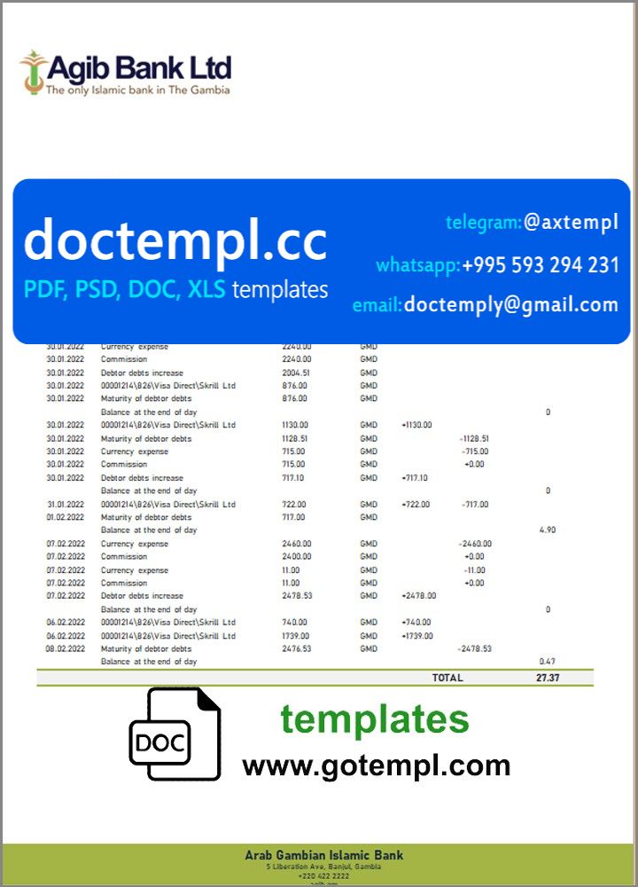 Gambia Arab Gambian Islamic bank statement template in Word and PDF format