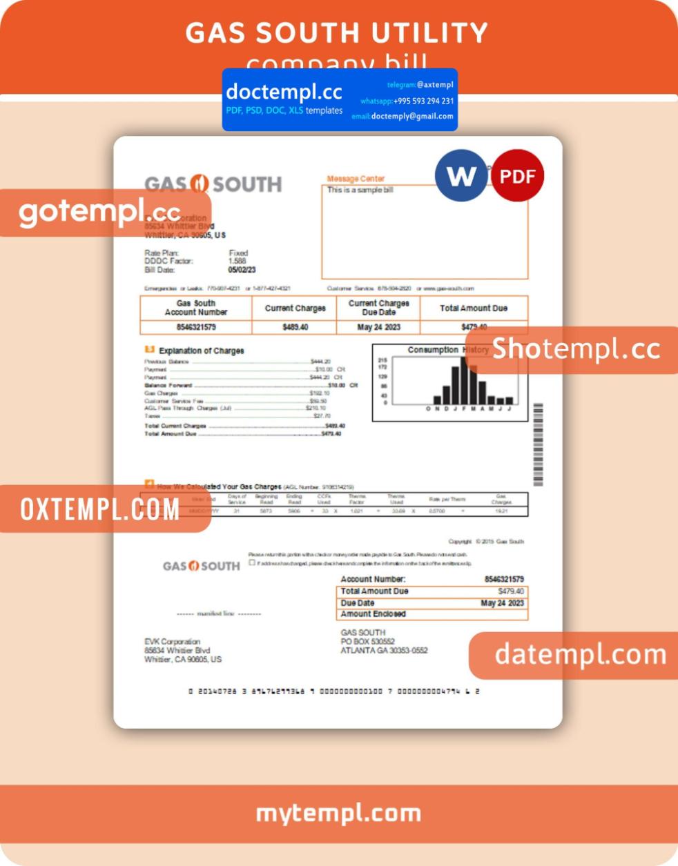Gas South electricity business utility bill, Word and PDF template