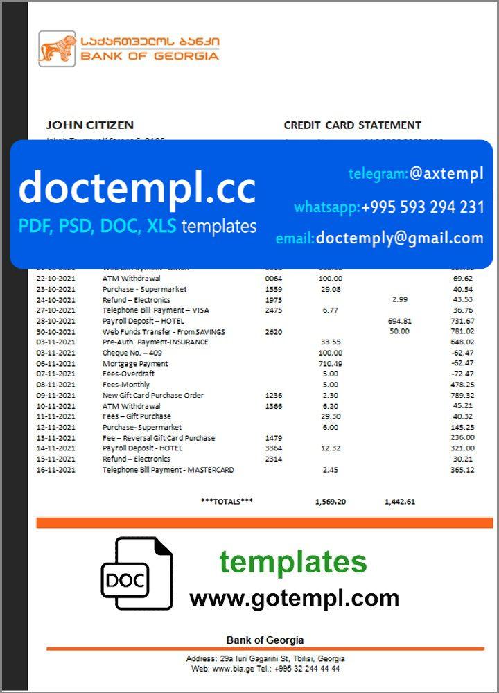 Georgia Bank of Georgia proof of address statement template in Word and PDF format, fully editable