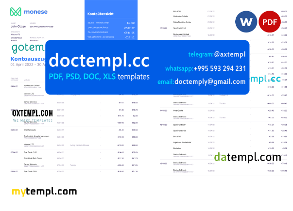 Germany Monese bank statement, Word and PDF template, 3 pages