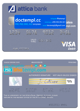 Greece Attica Bank visa card fully editable template in PSD format