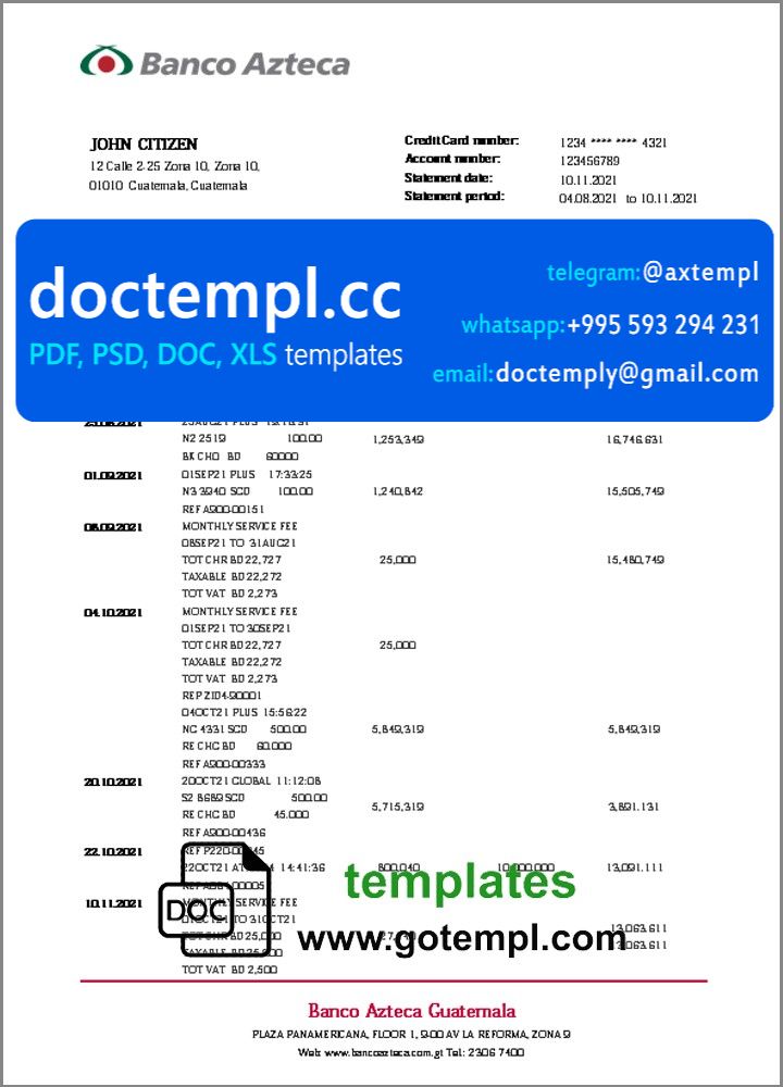 Guatemala Azteca proof of address bank statement template in Word and PDF format (.doc and