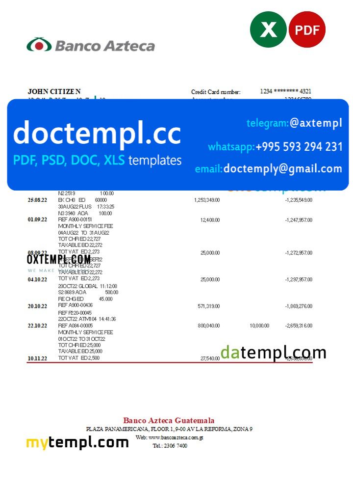 Guatemala Azteca bank statement Excel and PDF template – doctempl.cc