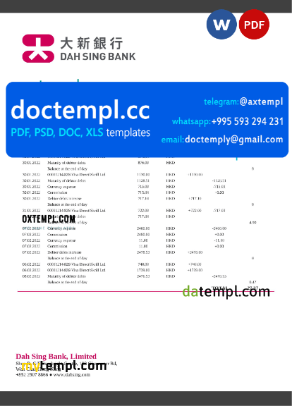 Hong Kong DAH Sing Bank statement Word and PDF template