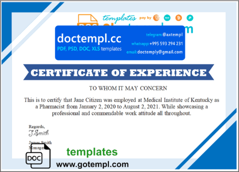 USA Job Experience certificate template in Word and PDF format, version 2