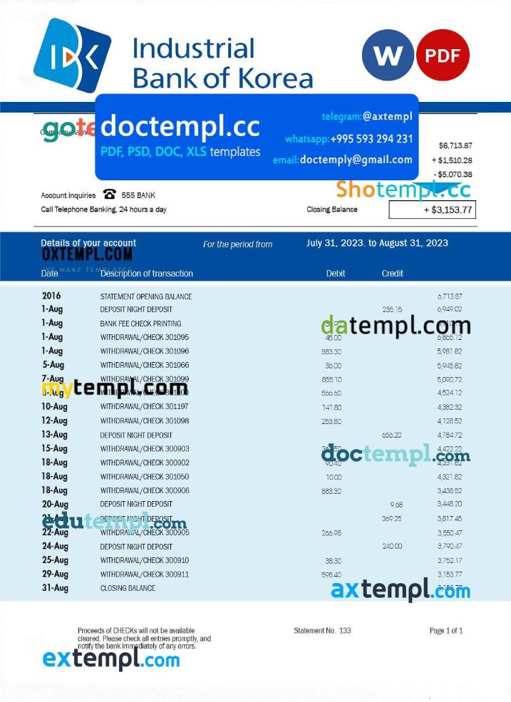 Industrial Bank of Korea business statement Word and PDF template