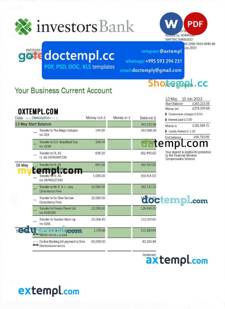 Investors Bank business checking account statement Word and PDF template