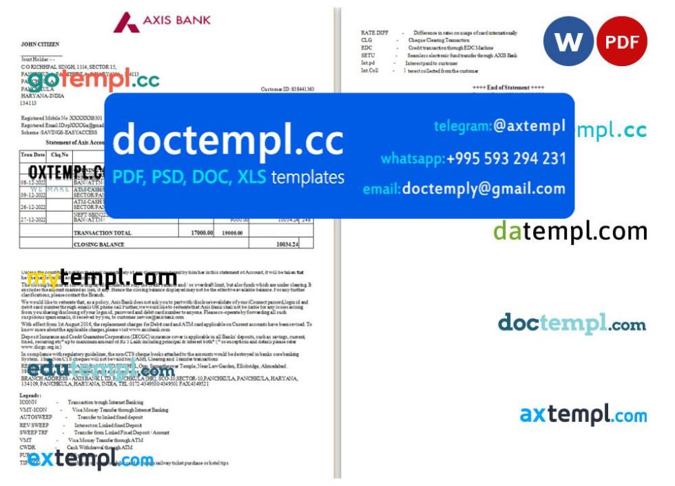 India Axis bank statement Word and PDF template, 2 pages, version 2