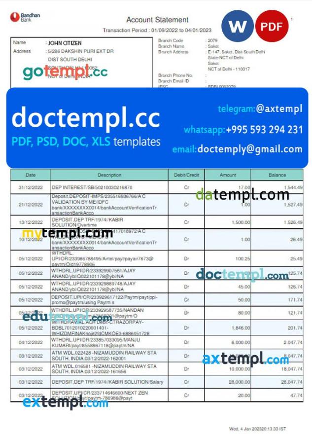 INDIA BANDHAN bank statement Word and PDF template