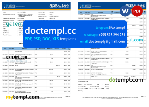 India Federal bank account statement, Word and PDF template, 3 pages