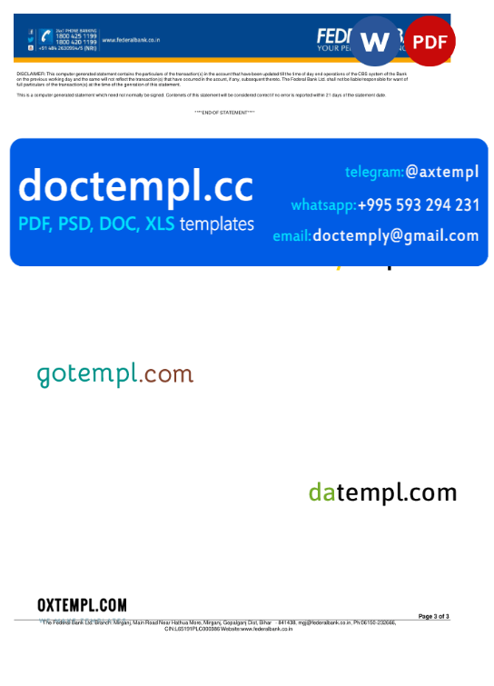 India Federal bank account statement, Word and PDF template, 3 pages