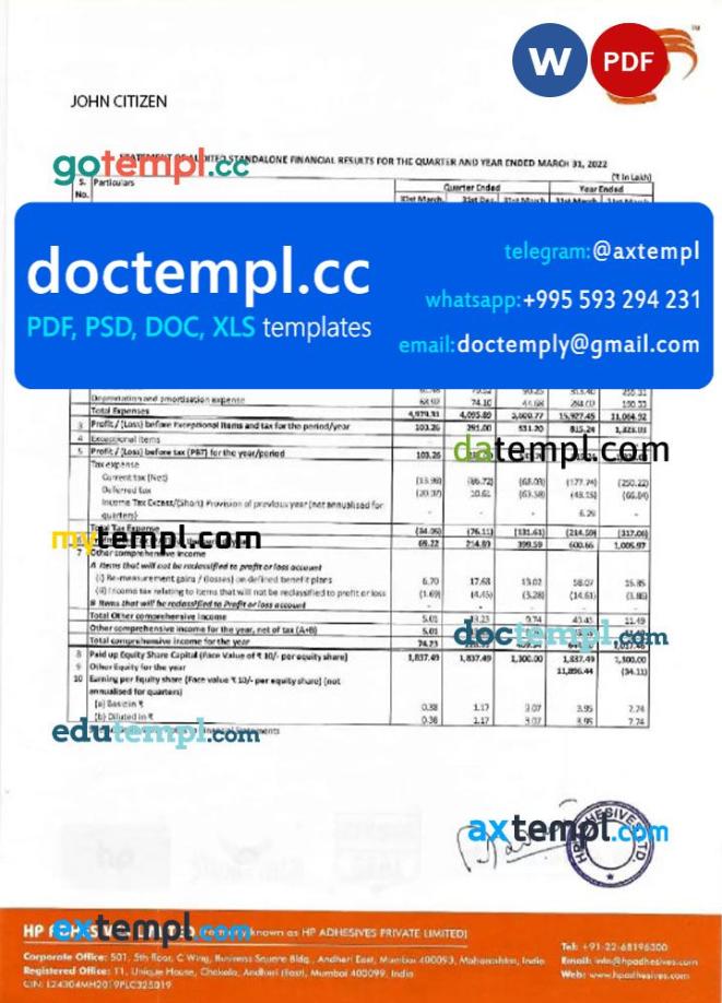 INDIA HP bank statement Word and PDF template – doctempl.cc
