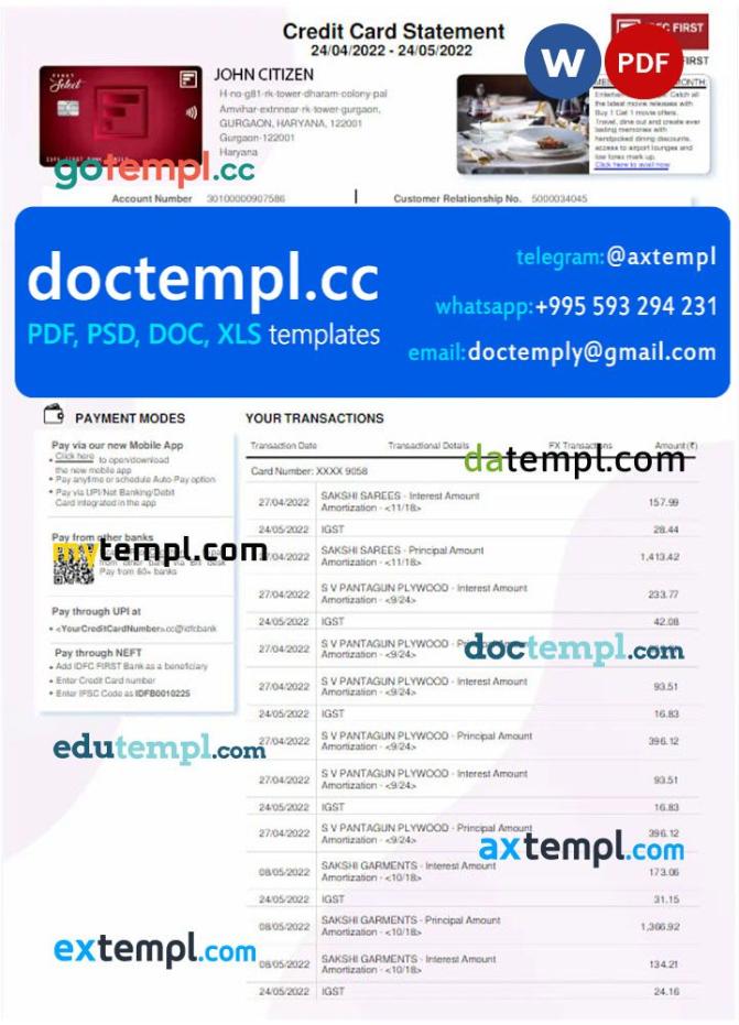 INDIA IDFC First bank statement Word and PDF template, version 2