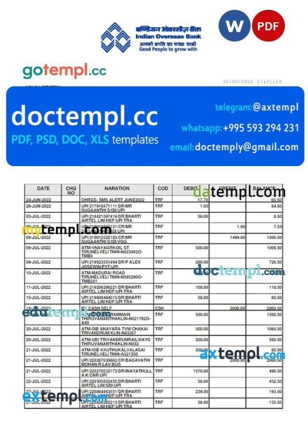 INDIA INDIAN OVERSEAS bank statement Word and PDF template