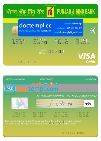 India Punjab and Sind Bank visa card template in PSD format, fully editable