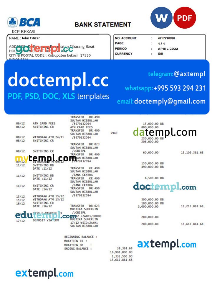 INDONESIA BCA bank statement Word and PDF template