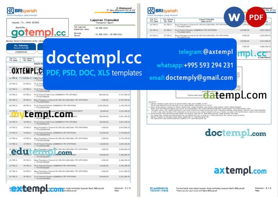 Indonesia Brisyariah Bank Statement Word And Pdf Template 2 Pages