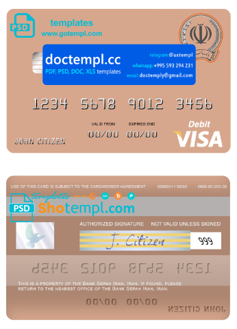 Iran Sepah bank visa card template in PSD format, fully editable