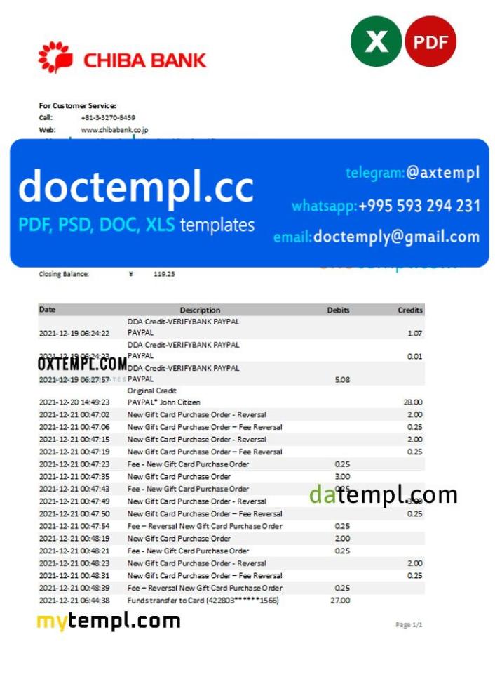 Japan Chiba bank statement Excel and PDF template