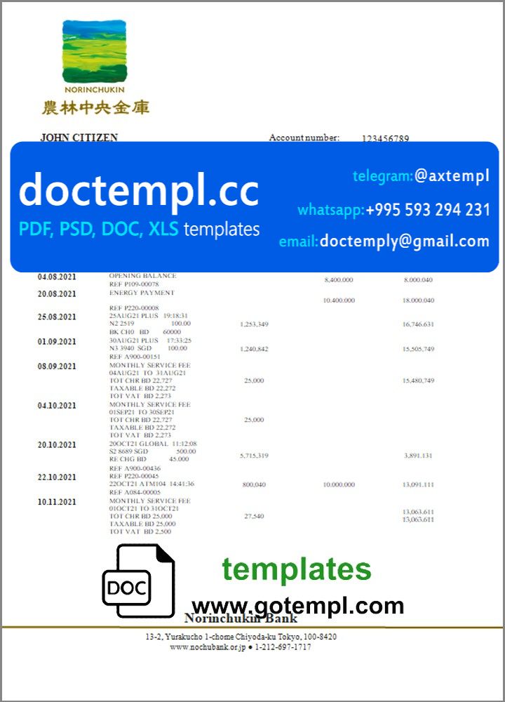 Japan Norinchukin bank statement template in Word and PDF format ...